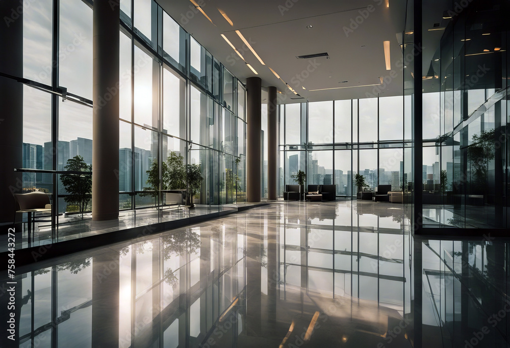 Office building business lobby blur background with blurry glass window ...