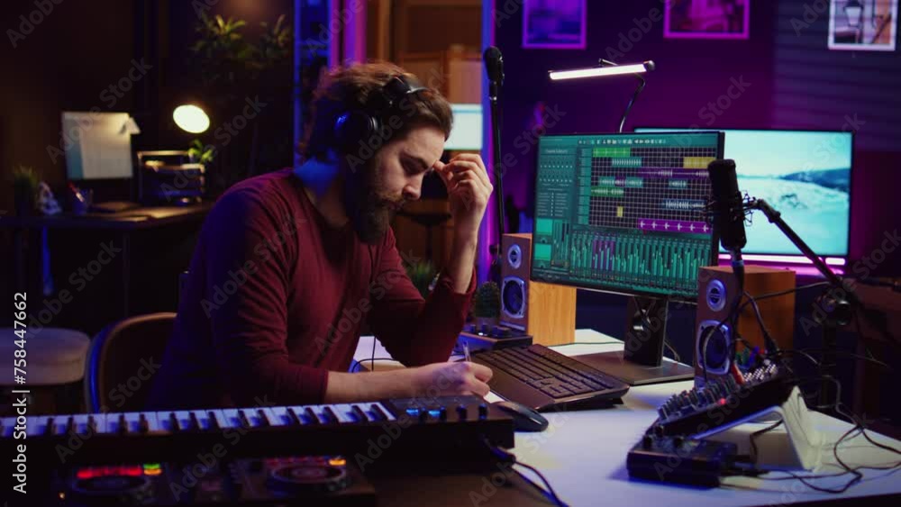 Vidéo Stock Musician artist taking notes composing new song in his home ...