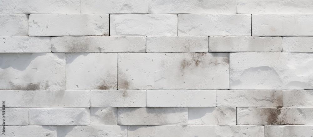 A close up of a rectangular white brick wall with parallel black spots ...