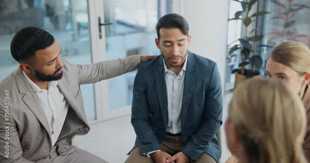Business people, support and sad man in counselling for depression ...