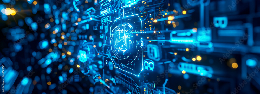 An intricate circuit board layout with a tech vibe illuminates with ...