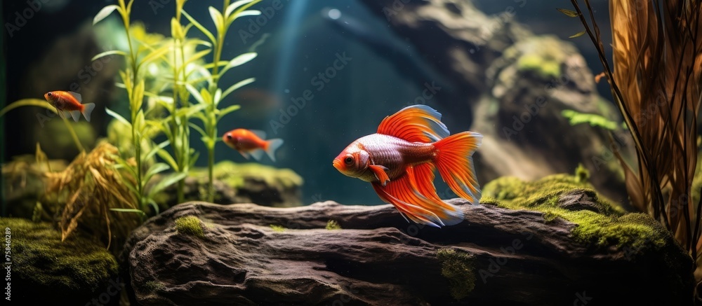 A goldfish is gracefully swimming in an underwater landscape filled ...