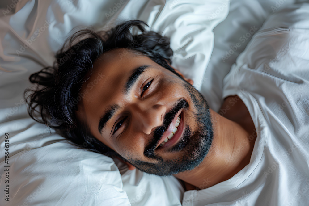Joyful indian man Lying in Bed. Close-up portrait of smiling man lying in bed, background for ...