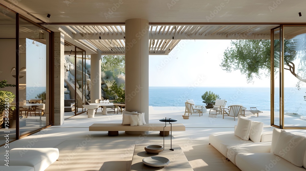 Luxury villa with terrace and floor to ceiling panoramic window with ...