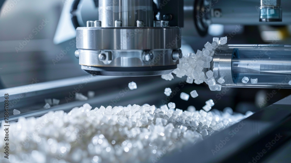 An upclose image of a bioplastic pellet being extruded from a machine ...