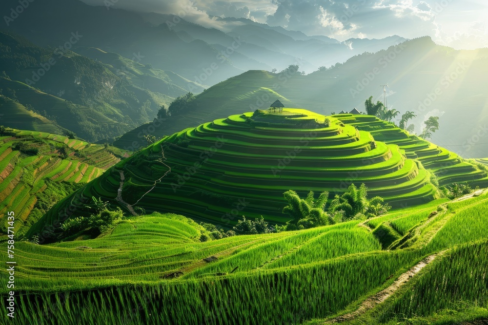 Lush terraced rice fields at sunset - Green rice terraces cascade down ...
