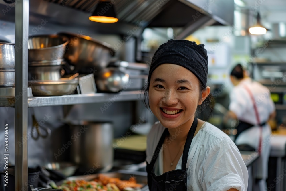 Smiling female chef in a busy kitchen - A cheerful female chef in a ...