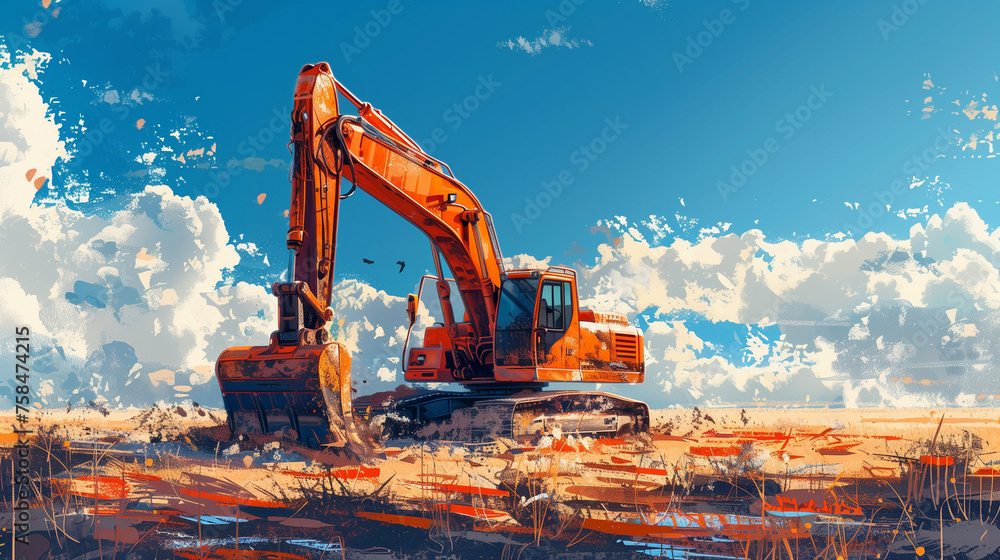 Excavator at a construction site against the setting sun. excavator ...