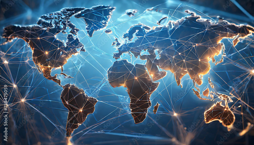 Foto de World Trade Network: Blue Map with Trade Routes Highlighting ...