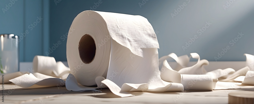 An unwound toilet paper roll creating a sense of flow and softness on a ...