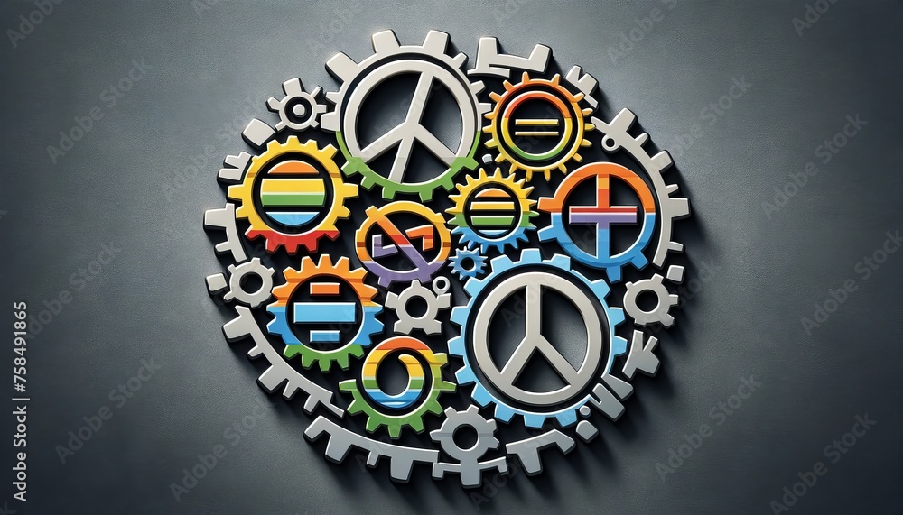 Conceptual Artwork of Interconnected Gears with Multicultural Symbols ...