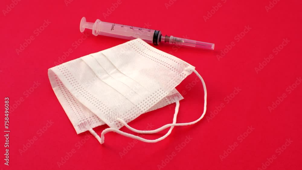 Syringe and white mask, symbols of care and prevention in a clean and ...