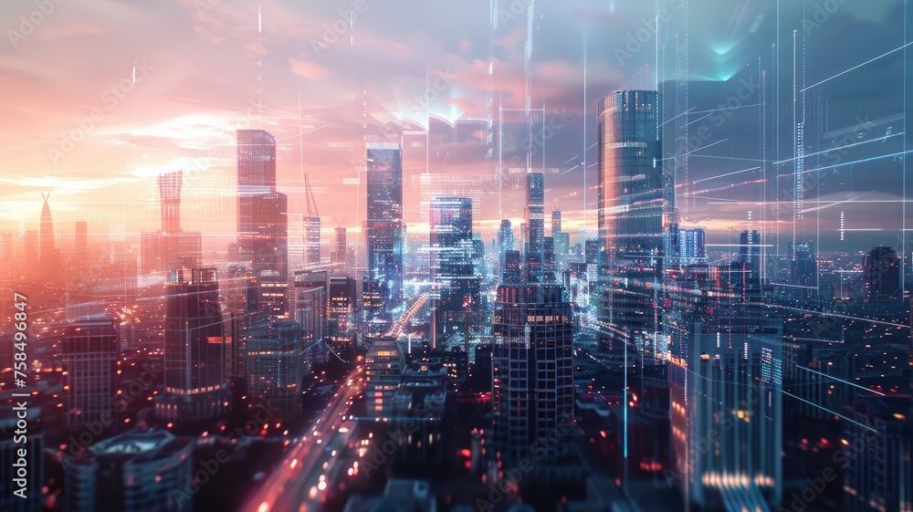 City skyline with digital connections overlay - An abstract concept ...