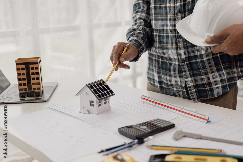 Architect drafts blueprints, house building plans, architectural ...