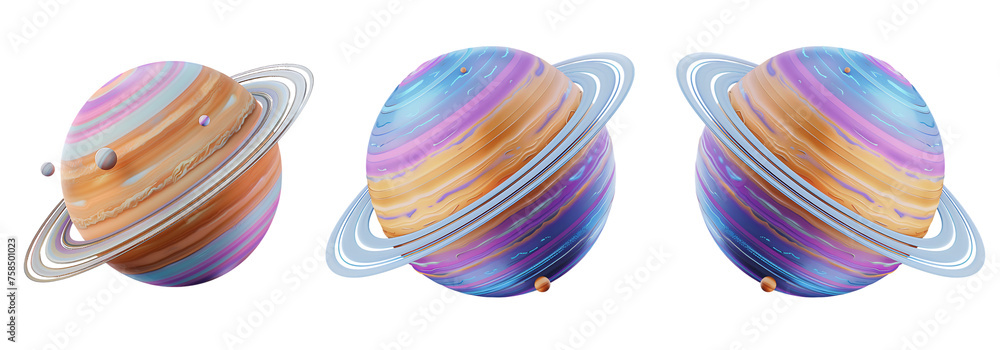 Saturn Planet 3D Icon set isolated on a transparent or white background ...
