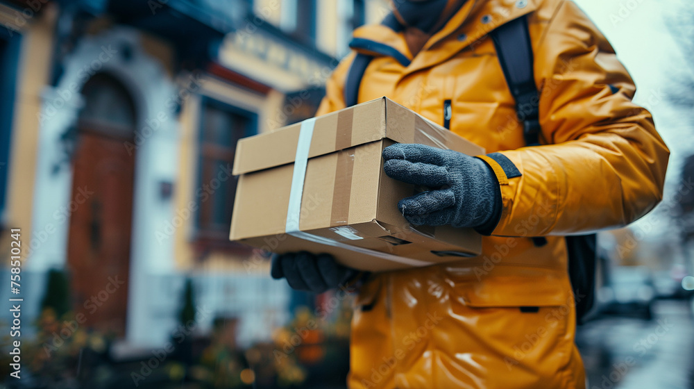 Handsome delivery man sending parcel box to customer, mail postman ...
