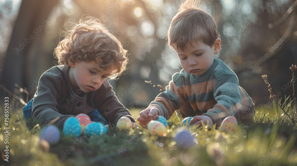 Cute little children hunting eggs in park. Easter tradition Ester egg ...