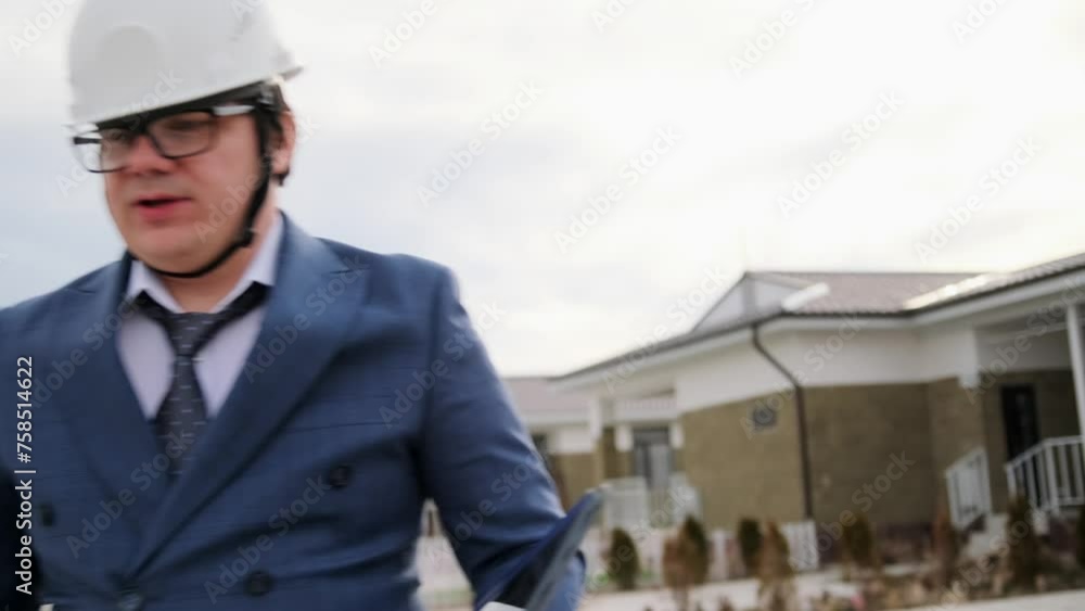 Tired inspector in suit with a tie and a protective helmet on his head ...