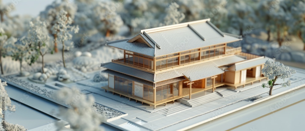 3D isometric view of a traditional Japanese house CAD model with ...