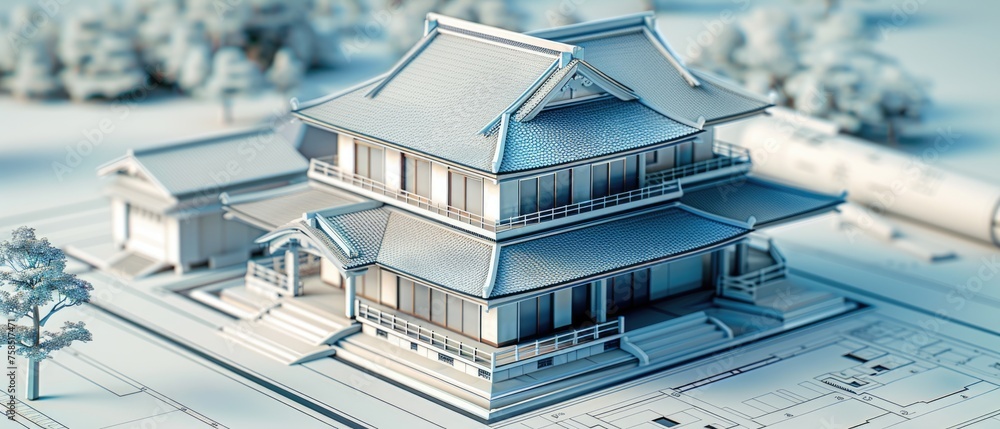 3D isometric view of a traditional Japanese house CAD model with ...