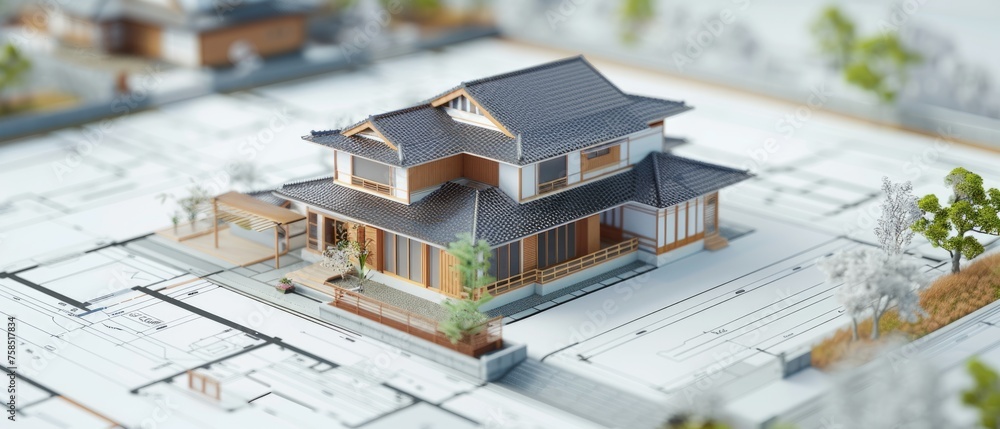 3D isometric view of a traditional Japanese house CAD model with ...