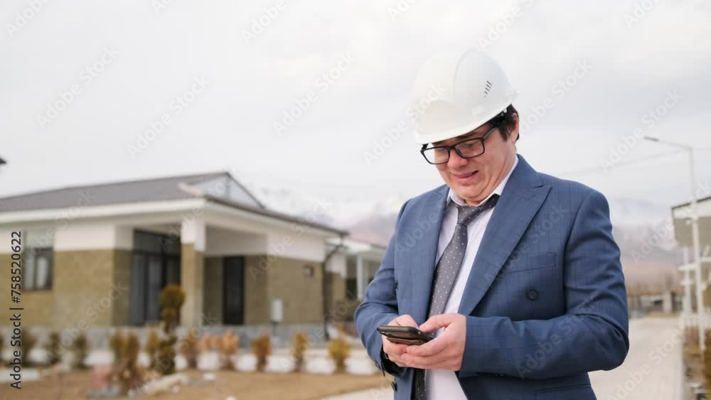 Angry male engineer nervously types message on mobile phone screen ...