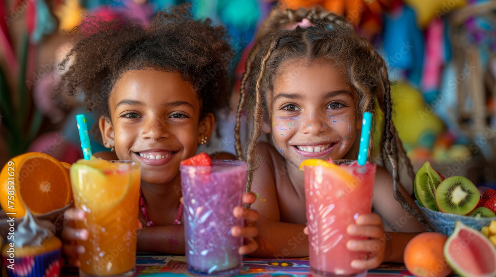 Girls kids with sparkling eyes smiles gently at a colorful birthday ...