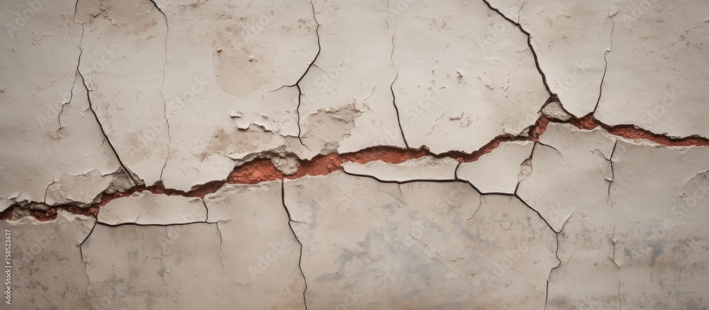 A detailed close up of a cracked wall with a prominent red line running ...