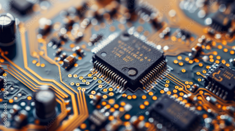 A closeup of a chip on a PCB with tiny dots of conductive paint filling ...