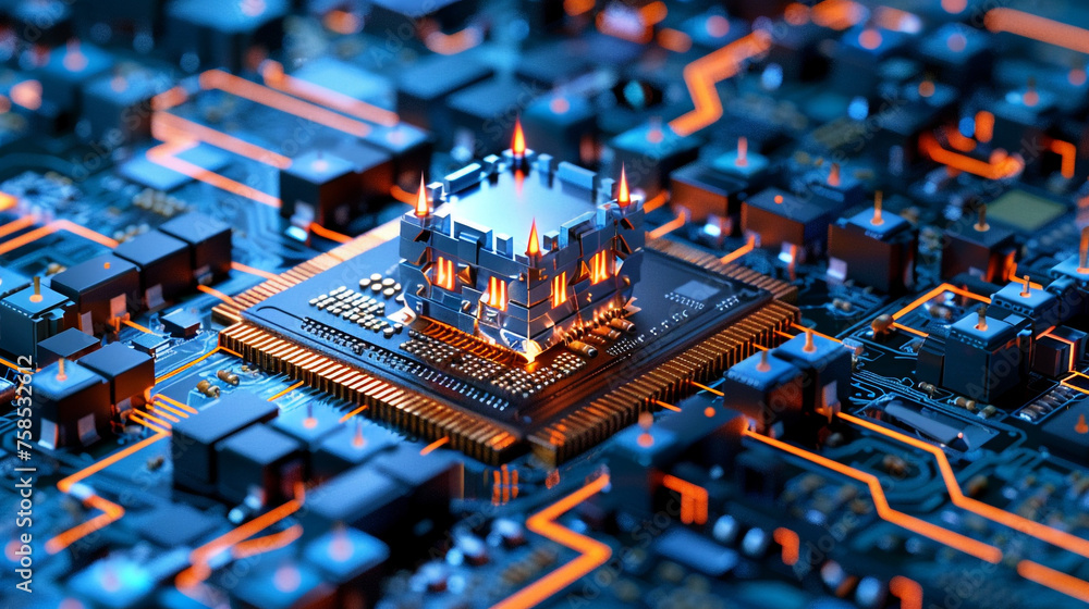 A digital artwork depicting a closeup of a secure server motherboard ...