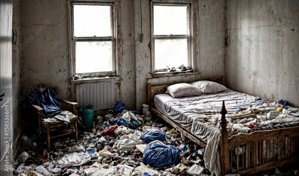 A very dirty and cluttered room of a lonely person with mental issue ...