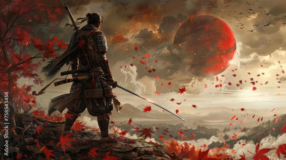 a epic samurai with a weapon sword standing in nature with a beautiful ...
