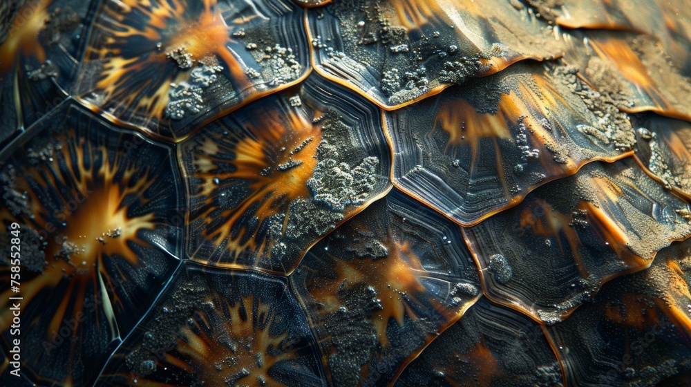 A close up of a sea turtles intricate shell reveals the intricacies of ...