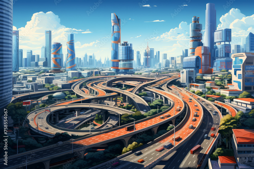 Complex highway system and modern skyscrapers Stock Illustration ...