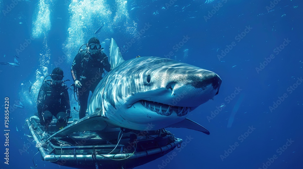 Two scuba divers in close proximity to a magnificent great white shark ...