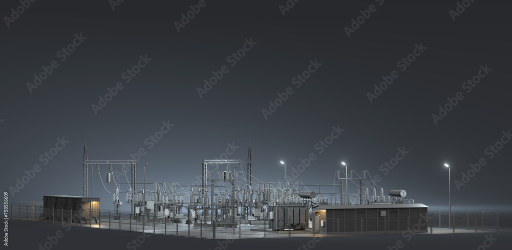 Electrical distribution substation on a dark background with copy space ...