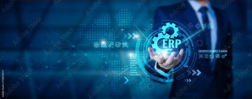 Cloud ERP, Enterprise Resource Planning concept. Providing for team advanced capabilities, AI to ...