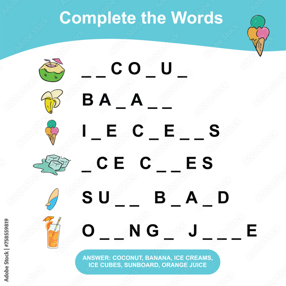 What letters are missing? Complete the letters in English. Kids ...