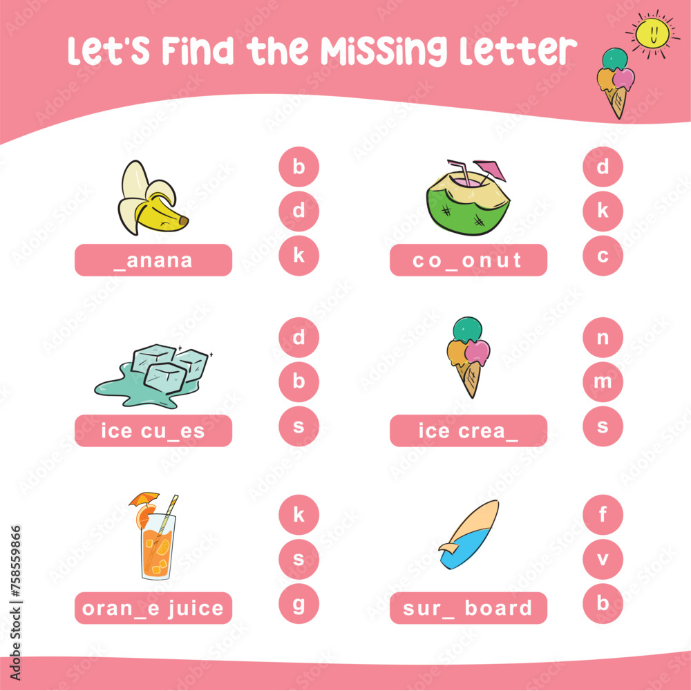 Vecteur Stock Missing letters worksheet. Complete the letters in ...