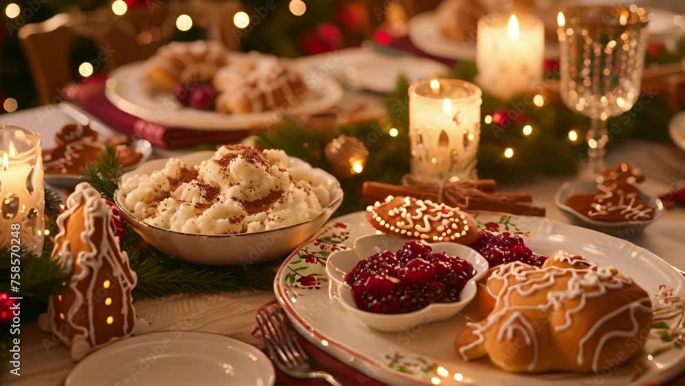 Vidéo Stock A table set for a holiday feast complete with plates filled ...