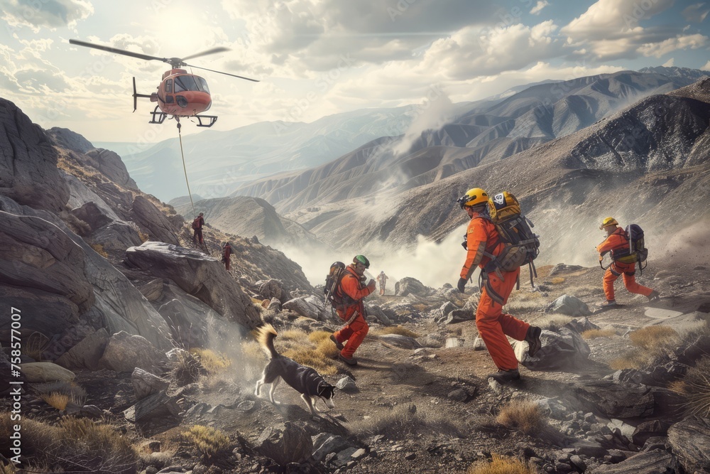 Team of search and rescue workers conducting a mission in rugged ...