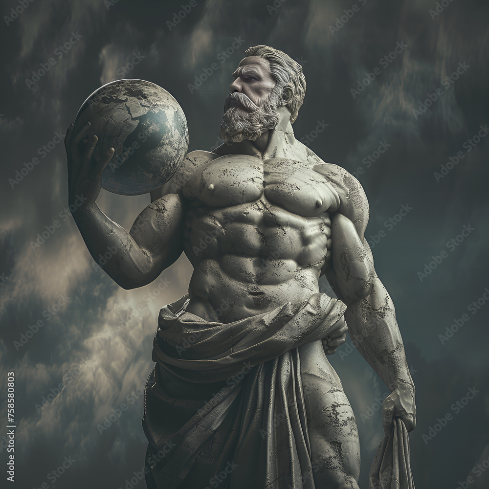 a photo of a huge great statue of the greek god titan atlas holding ...