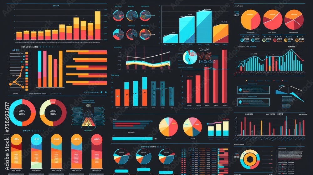 Illustrations of financial graphs, charts, pie charts, and bar charts ...