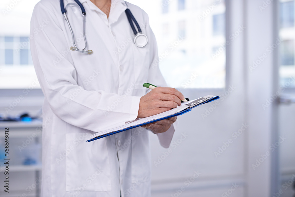 Hospital, writing and hands of doctor with documents for surgery ...