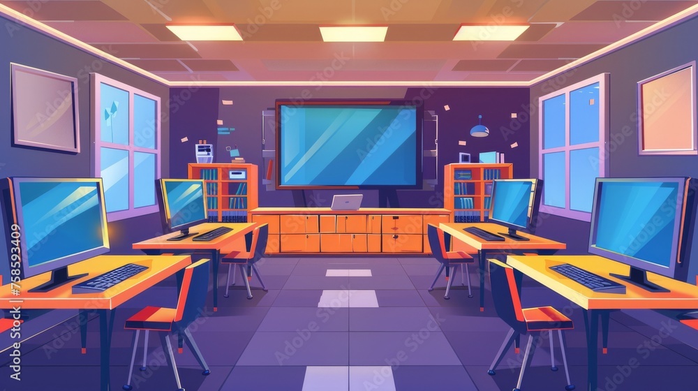 Computer class interior with open space. Vacant school, workplace ...