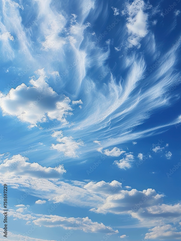 Blue sky with white clouds, flying above the clouds, picture from plane ...
