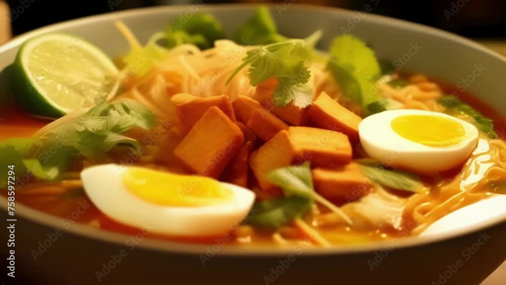 A vibrant shot of a bowl of Mee Rebus, featuring yellow egg noodles dd ...