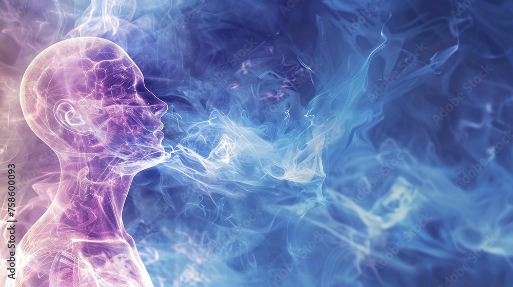 This digital artwork illustrates a human profile with a transparent ...