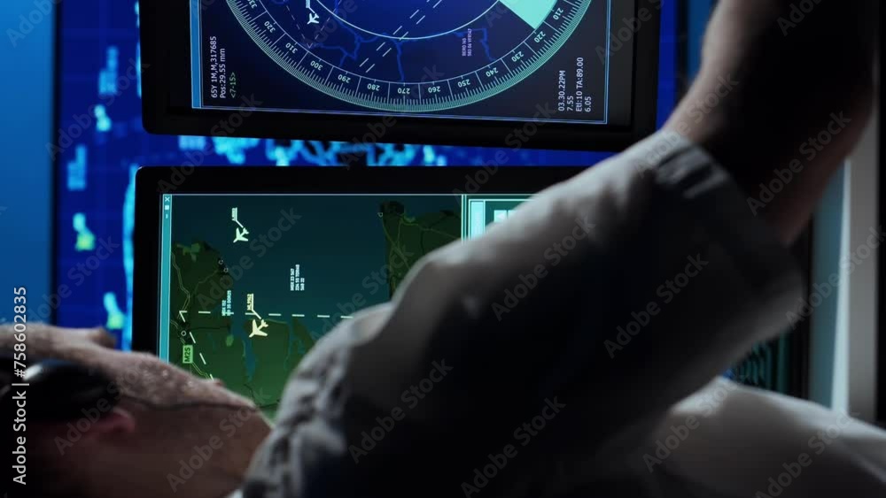 Workplace of the air traffic controllers in the control tower. Team of ...