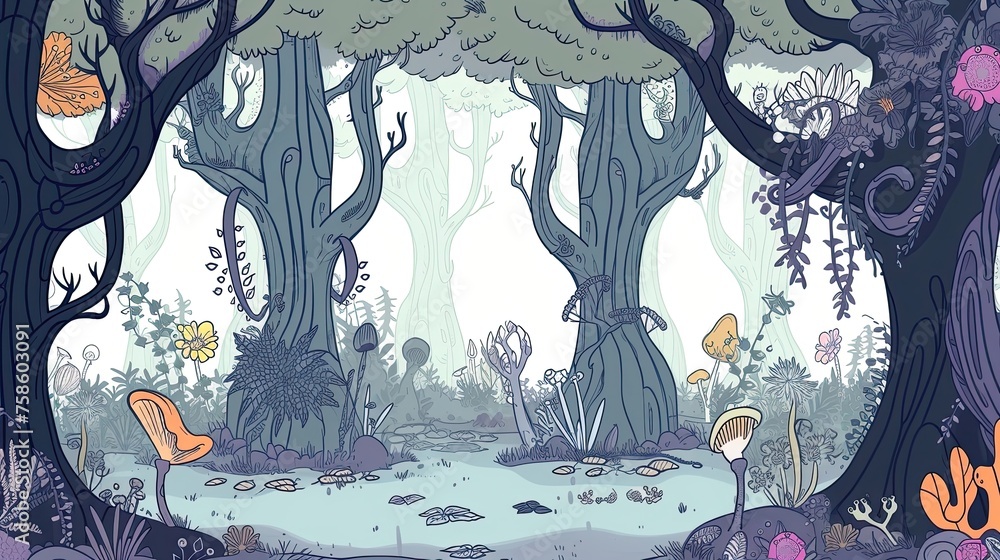 Magic forest. Abstract, doodle, field, grove, cartoon, greenery, fairy ...